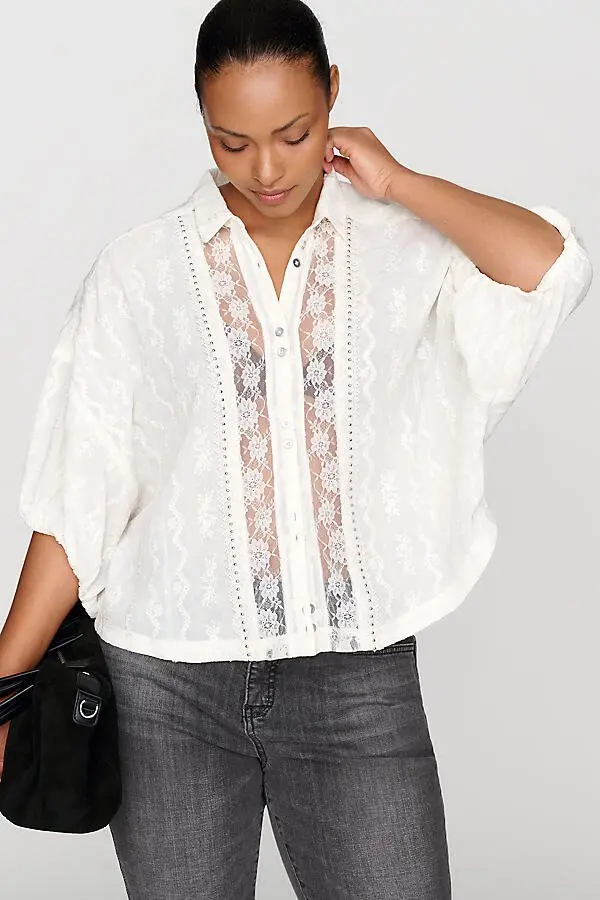 PILCRO Qucy Sequed Lace Blouse