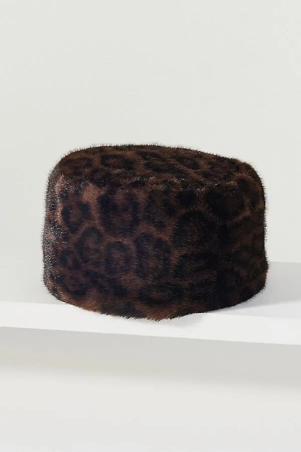 LUCKY ZONE Faux Fur Pillbox Hat - Leopard