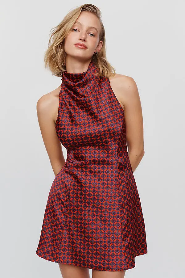 Anthropologie High Neck Cowl Mi Dress - Red Pattern
