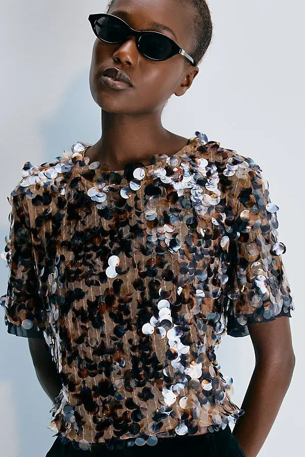 Maeve Sequed Boxy Tee - Brown Pattern