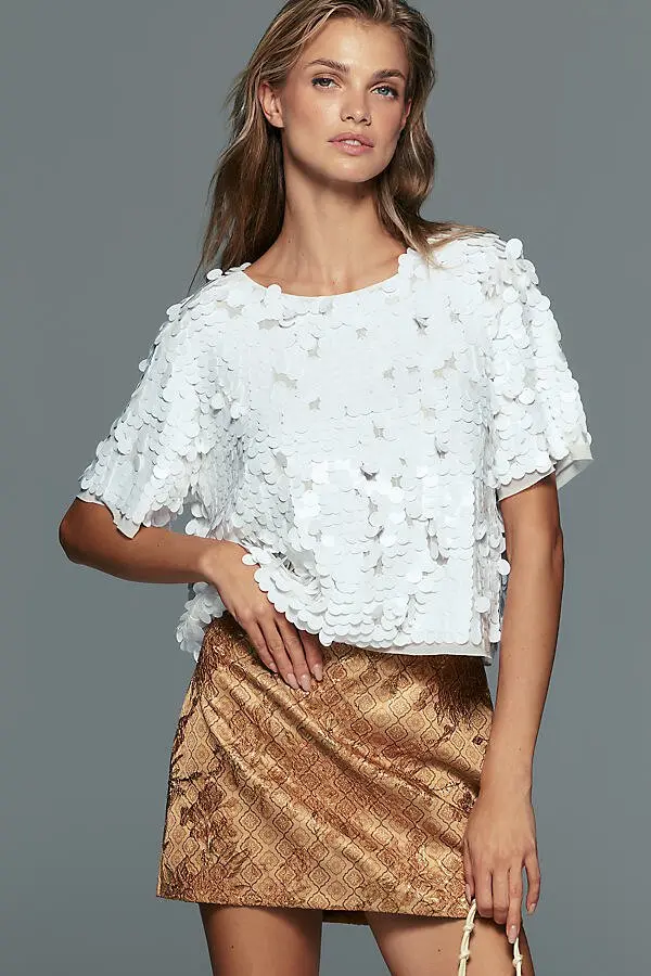 Maeve Sequed Boxy Tee - White
