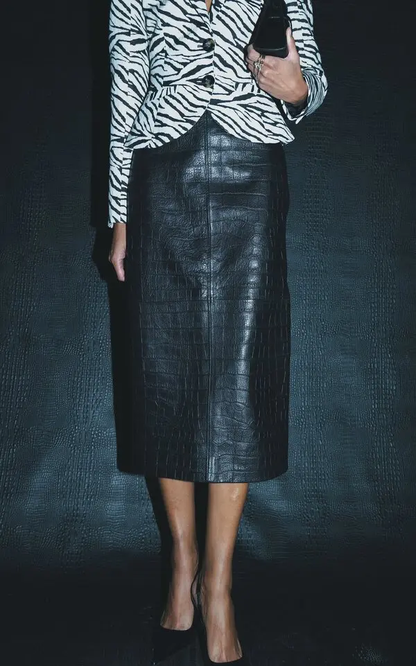 Arakii Exclusive Embossed Croco Leather Midi Skirt