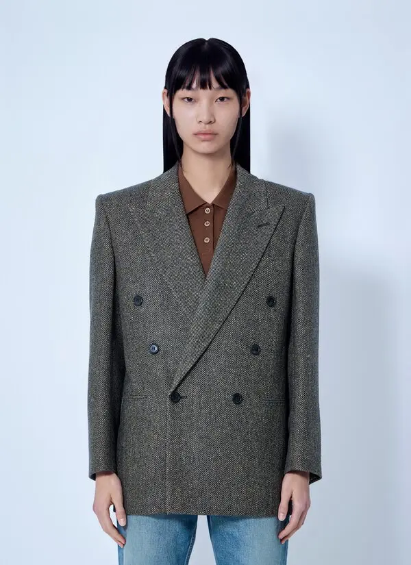 Saint Laurent Double-breasted Herringbone Blazer - Brown