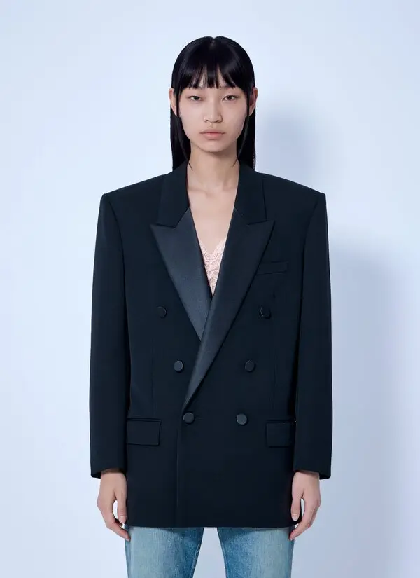 Saint Laurent Double-breasted Blazer With Satin Lapels - Black