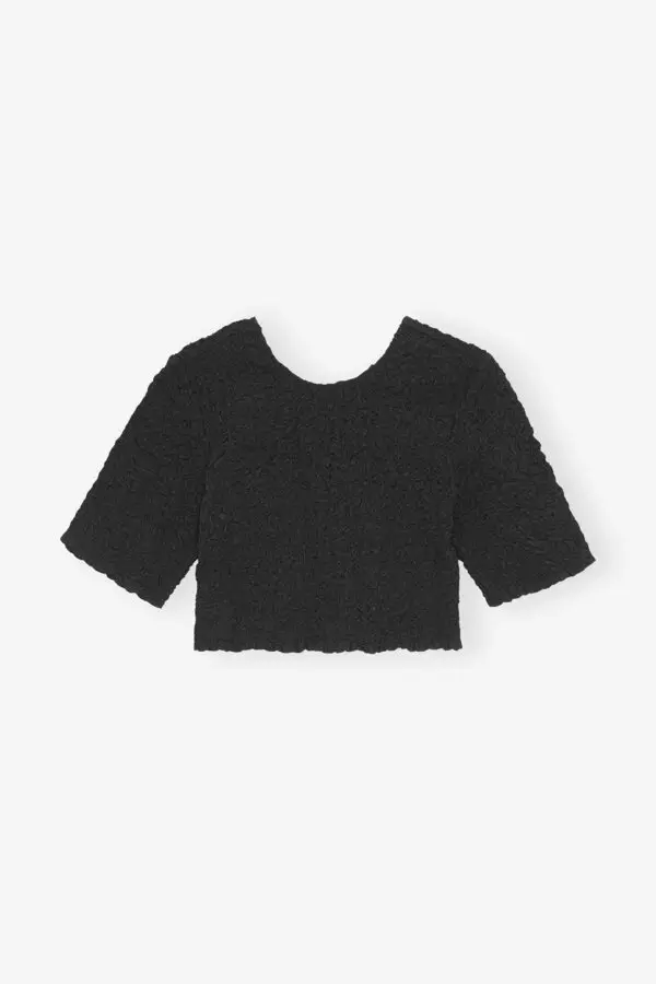 GANNI Cotton Poplin O-neck Cropped Smock Top - Black