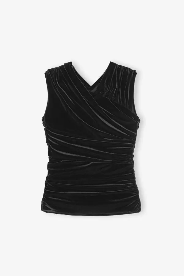 GANNI Velvet Ruched Top - Black