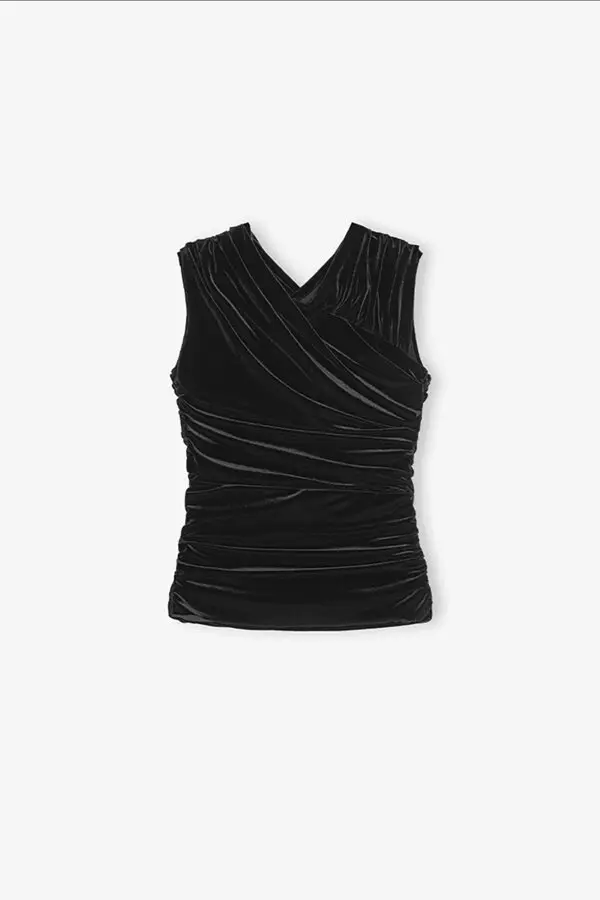 GANNI Velvet Ruched Top - Black