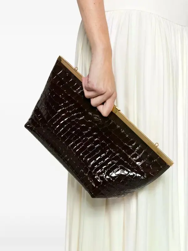 JIMMY CHOO Ganache Shiny Croc-embossed Leather Clutch - Brown