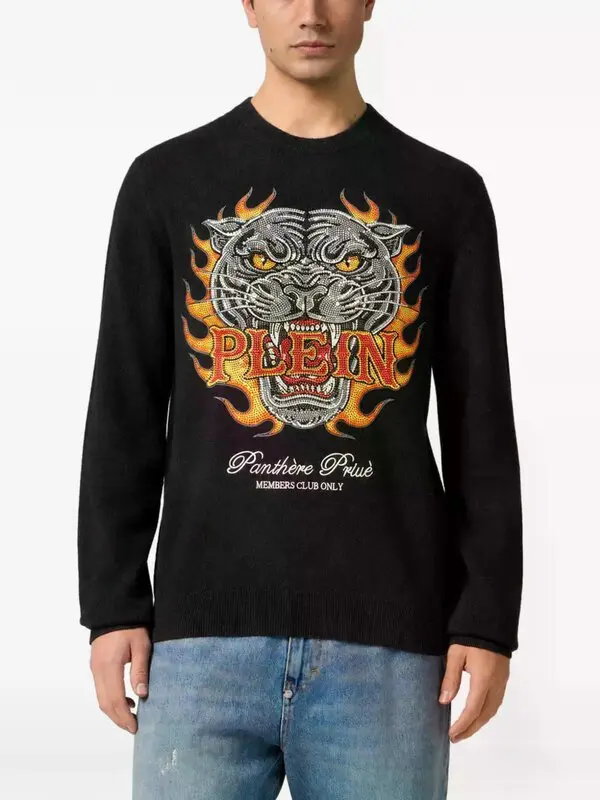 Philipp Plein Round Neck Pullover Panther Flames Stones
