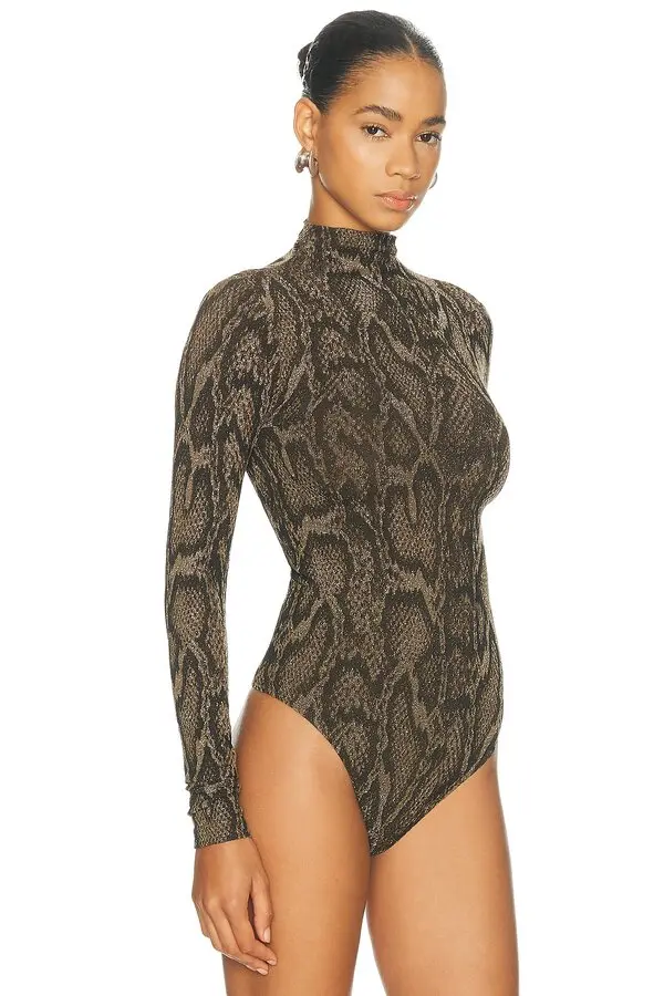 Wolford Shimmering Python String Bodysuit In Brown