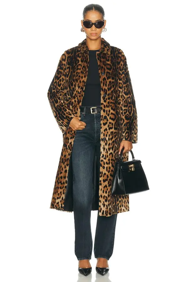 NILI LOTAN Davelle Shearling Coat In Brown - Leopard Print