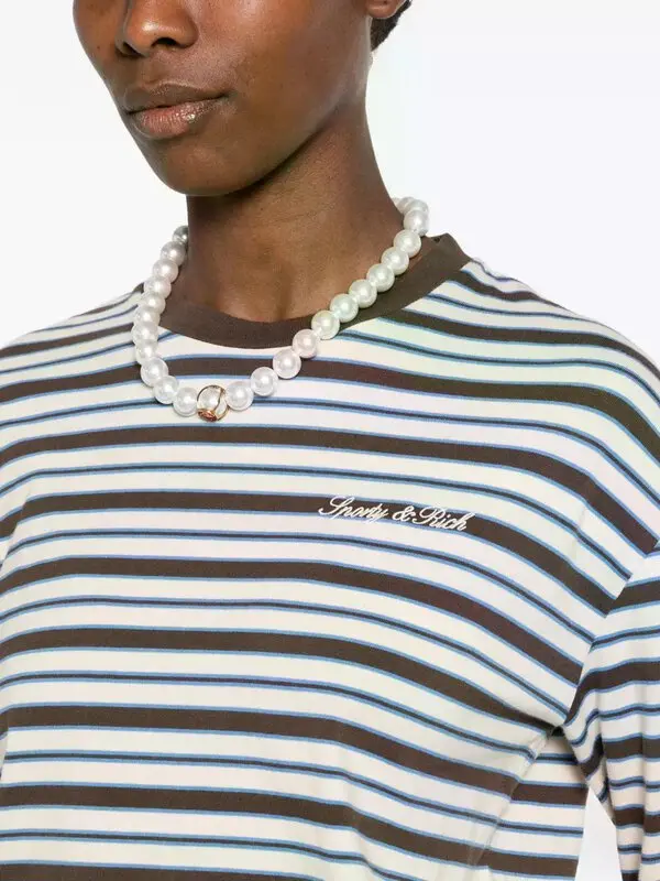 Sporty & Rich Striped-pattern Logo-embroidered T-shirt - Neutrals