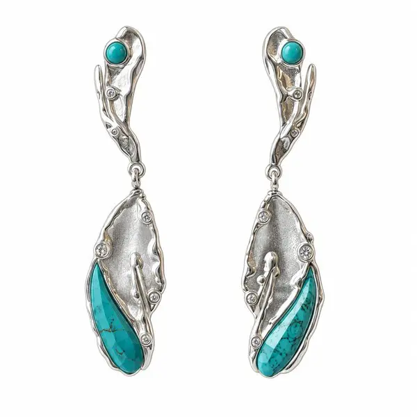 RARE MATTERS JEWELRY Sculptural Turquoise Leaf Drop Earrings Cz Semi-matte Silver - Black/silver