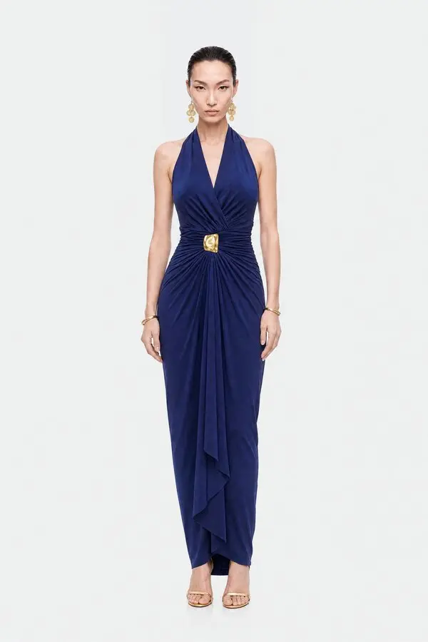 NOCTURNE Buckle Detail Halter Neck Maxi Dress - Blue