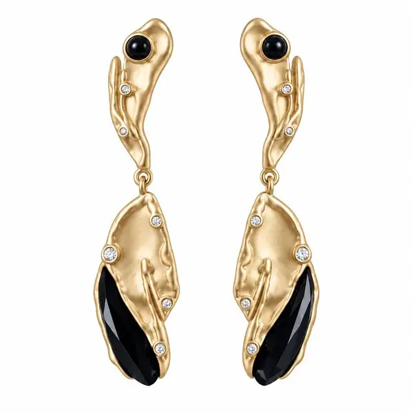 RARE MATTERS JEWELRY Sculptural Onyx Leaf Drop Earrings Cz Gold Organic Earrings - Black