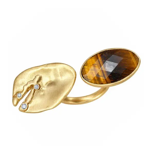 RARE MATTERS JEWELRY Faceted Tiger's Eye Statement Ring Gold-plated Open Band Ring - Brown