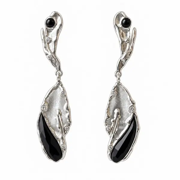 RARE MATTERS JEWELRY Sculptural Black Onyx Leaf Drop Earrings Cz Semi-matte Silver - Black/silver