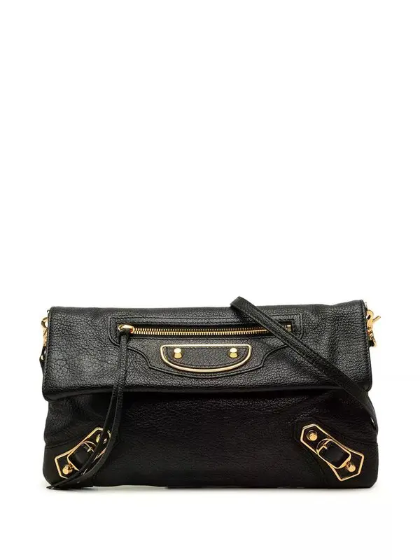 Balenciaga 2017 Goatskin Motocross Classic Metallic Edge Envelope Clutch With Strap Crossbody Bag - Black