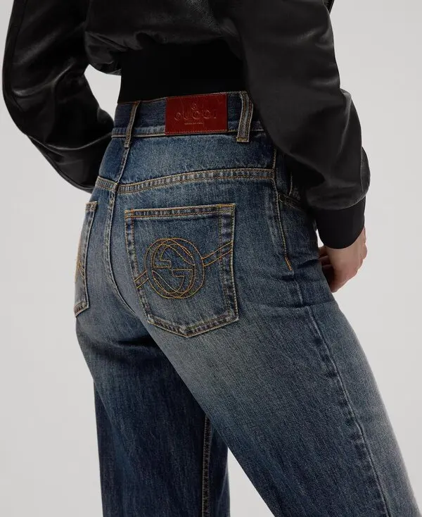 Gucci Cotton Denim Pants With Embroidery