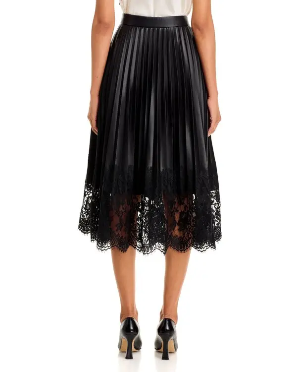 T Tahari Pleated Faux Leather & Lace Midi Skirt