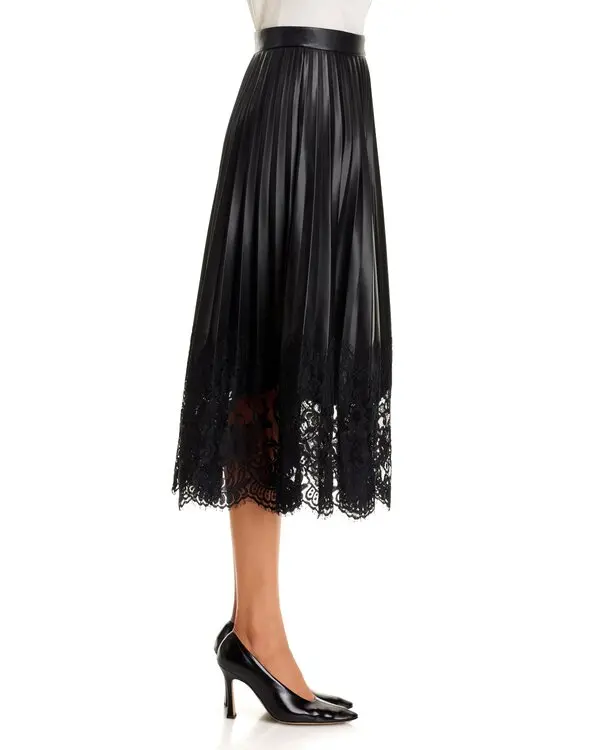 T Tahari Pleated Faux Leather & Lace Midi Skirt