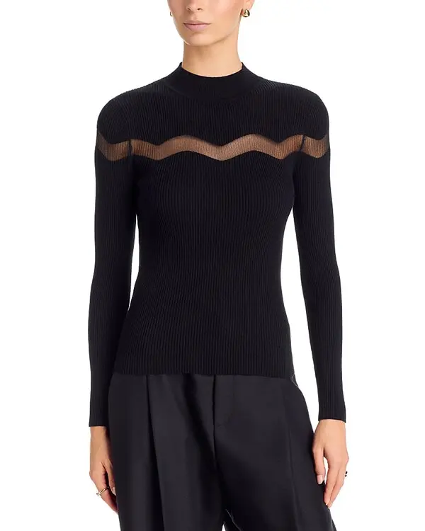 T Tahari Sheer Insert Ribbed Sweater - Black
