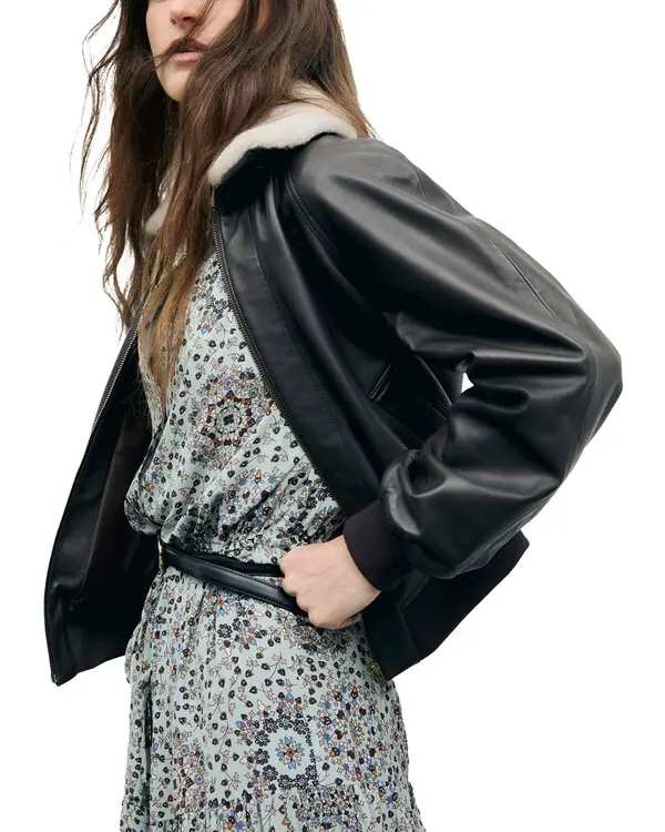 Gerard Darel Paola Leather Zip Front Bomber Jacket