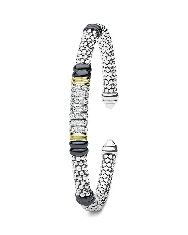 Lagos Sterling & 18k Yellow Gold Black Caviar Ceramic & Diamond Cuff Bracelet