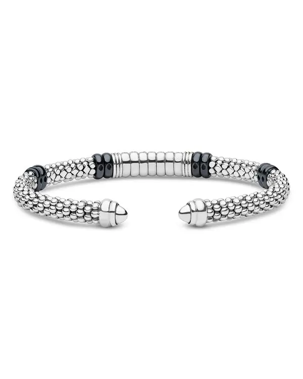 Lagos Sterling & 18k Yellow Gold Black Caviar Ceramic & Diamond Cuff Bracelet
