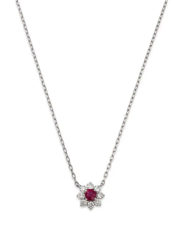 Bloomingdale'S Diamond & Gemstone Classic Flower Cluster Pendant Necklace In 14k Gold - Ruby/white Gold