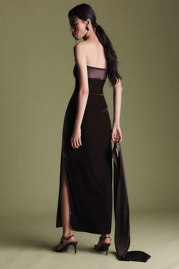 Bhldn Sat Velvet Strapless Midi Dress