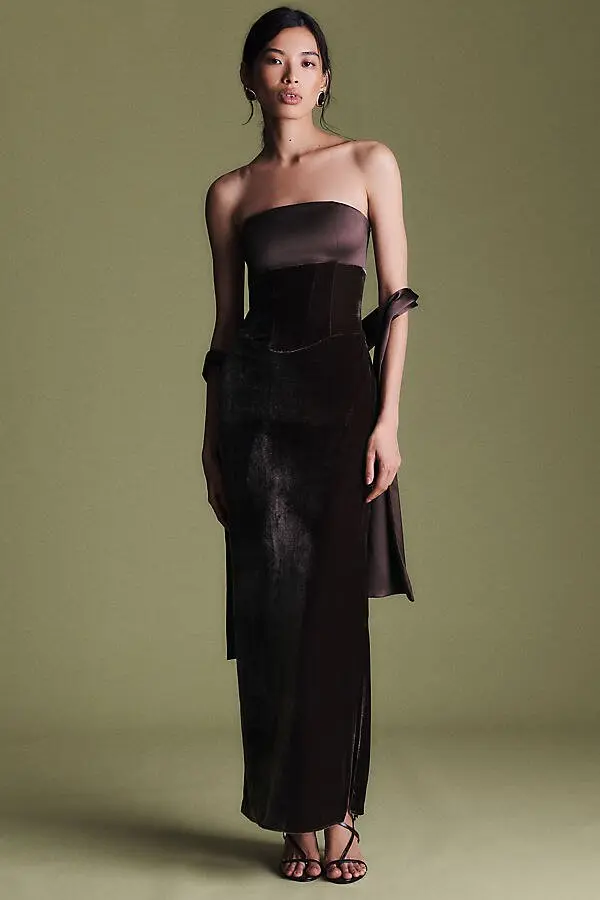 Bhldn Sat Velvet Strapless Midi Dress