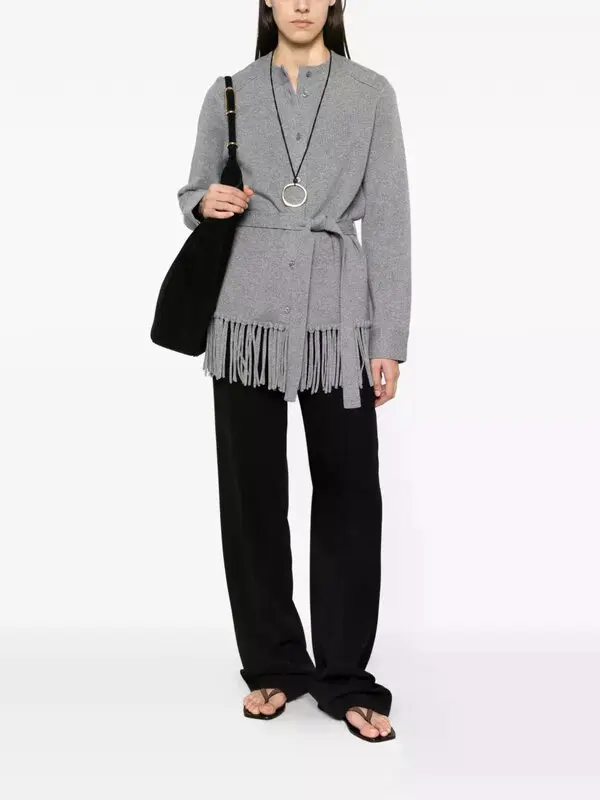 TWP Belted Fringe-trim Cardigan - Grey