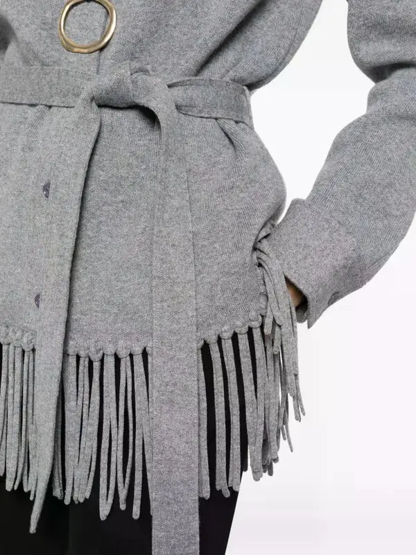 TWP Belted Fringe-trim Cardigan - Grey