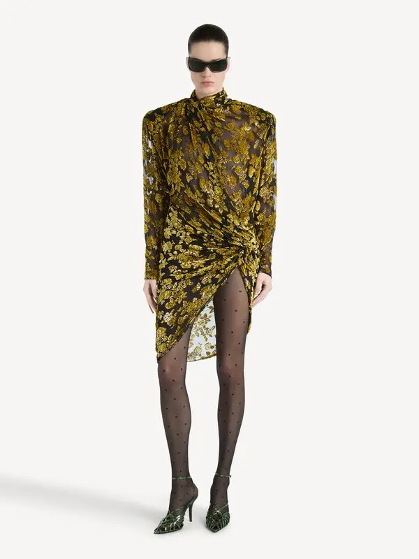 Balmain Draped Velvet Jacquard Dress