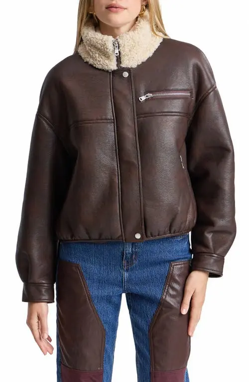 Avec Les Filles Faux Leather & Faux Shearling Cropped Jacket - Espresso/cream