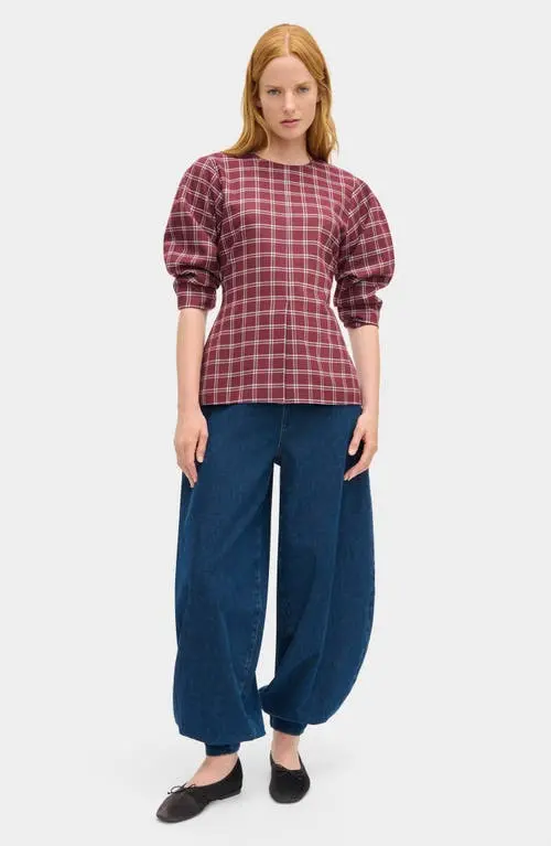 ALIGNE Janey Ruched Sleeve Plaid Top