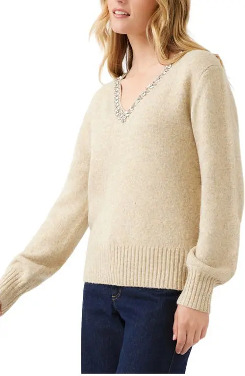 Karen Kane Jewel Embellished V-neck Sweater - Oatmeal