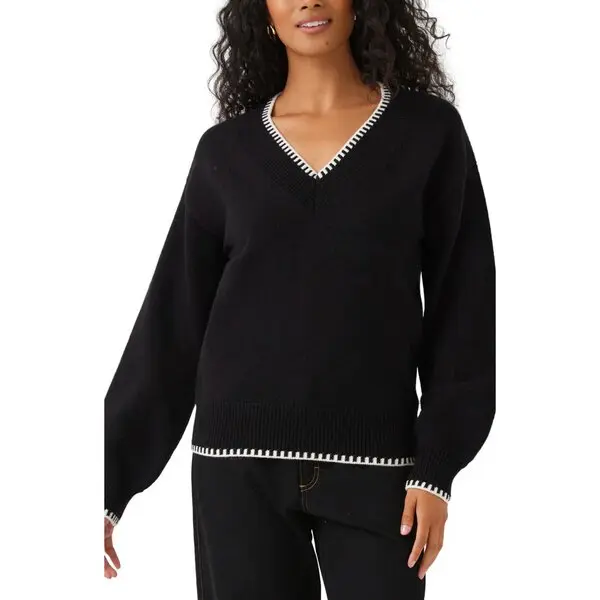 Karen Kane Varsity V-neck Contrast Stitch Sweater - Black