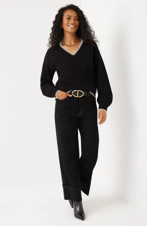 Karen Kane Varsity V-neck Contrast Stitch Sweater