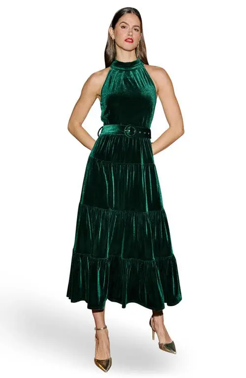 YUMI Velvet Halter Neck Belted Maxi Dress - Green