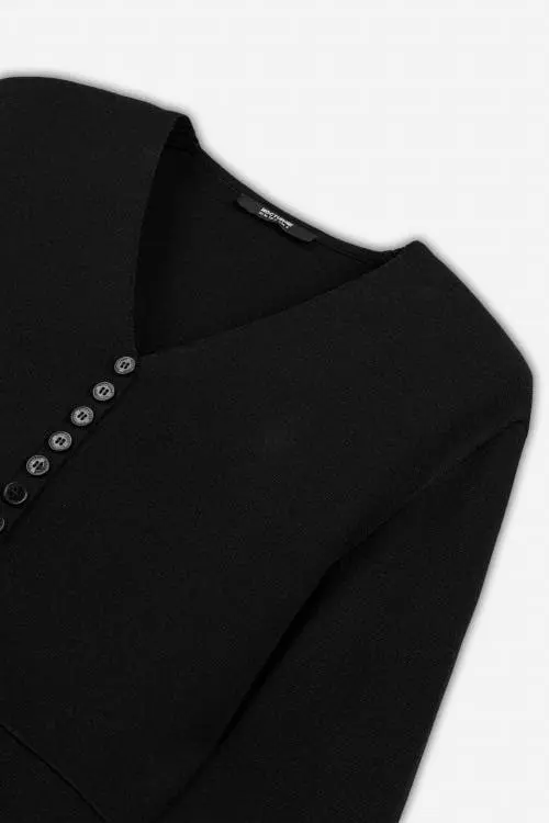 NOCTURNE Button Detail V Neck Knit Top - Black