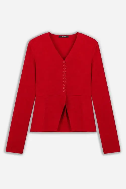 NOCTURNE Button Detail V Neck Knit Top - Red