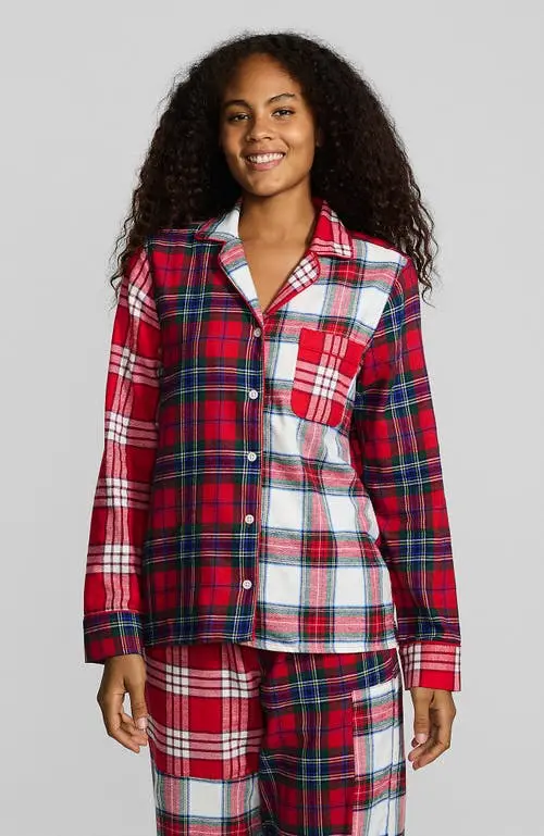 LANDS' END Long Sleeve Print Flannel Pajama Top - Compass Red Plaid Patchwork