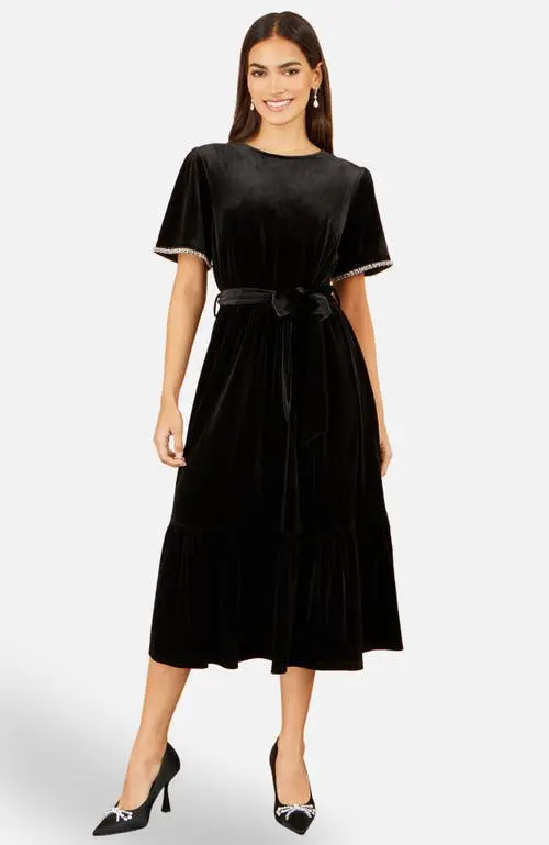 YUMI Velvet Embellished Sleeve Midi Dress