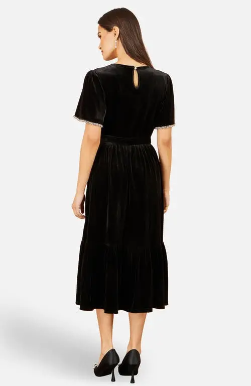 YUMI Velvet Embellished Sleeve Midi Dress