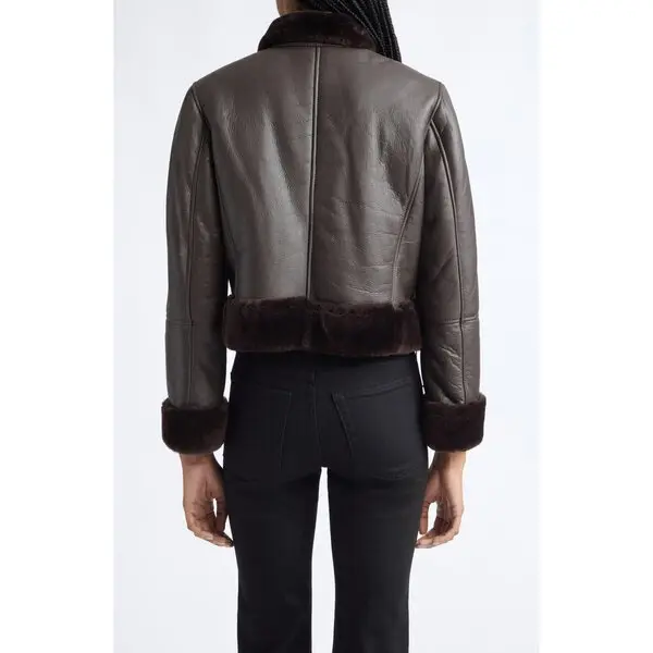 L'AGENCE Glacia Genuine Shearling Trim Leather Jacket - Dark Java