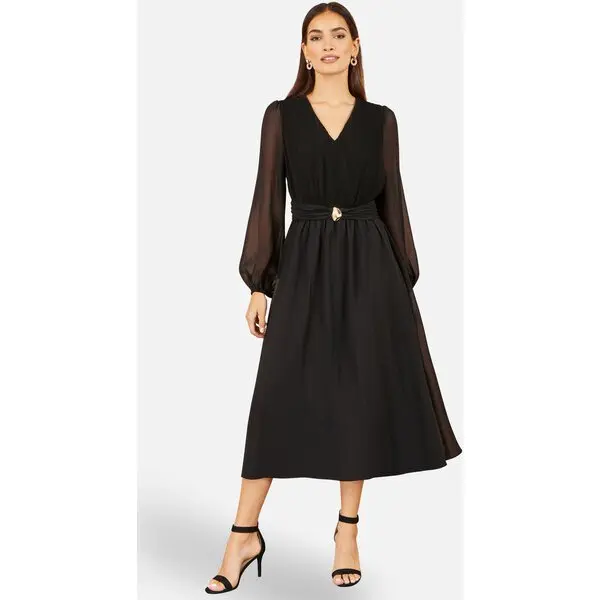 YUMI Pleated Bodice Buckle Waist Midi Dress - Black