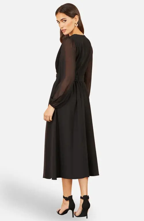 YUMI Pleated Bodice Buckle Waist Midi Dress