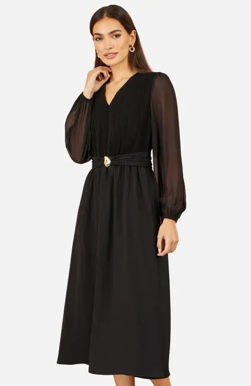 YUMI Pleated Bodice Buckle Waist Midi Dress